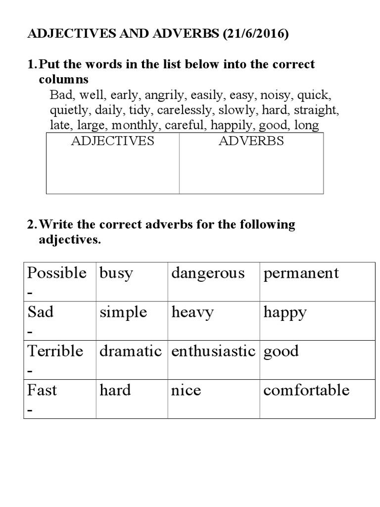 Exercises On Adjectives and Adverbs | PDF | Adverb | Syntax