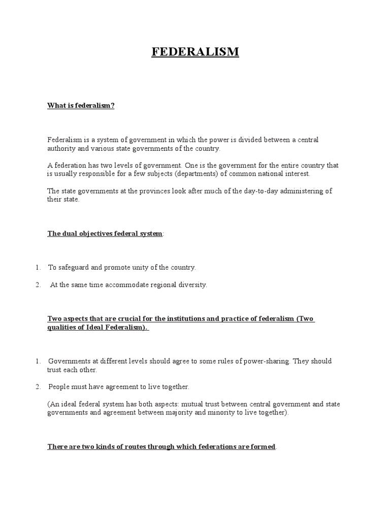 Notes Federalism | PDF | Federalism | Decentralization