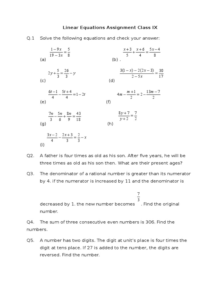 Linear Equations Assignment-1 | PDF | Rupee | Fraction (Mathematics)