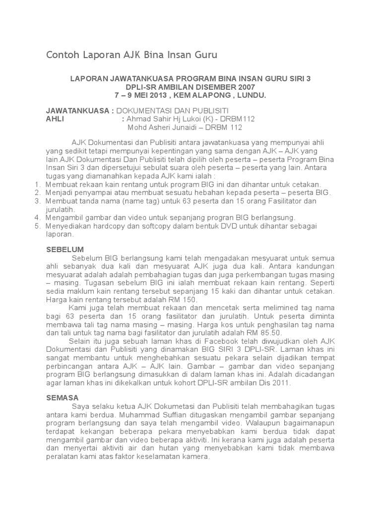 Contoh Laporan AJK Bina Insan Guru | PDF