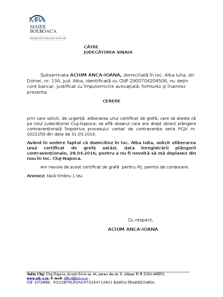 Cerere Certificat de Grefa