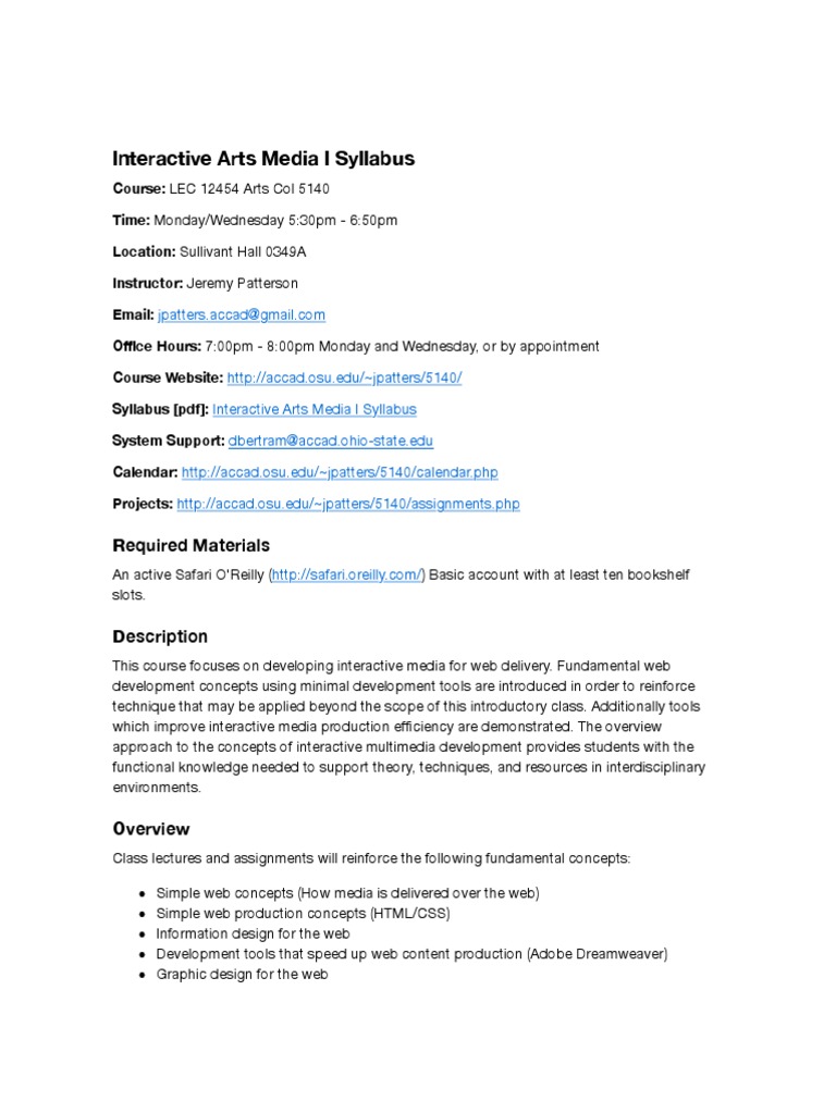 Interactive Arts Media I Syllabus: Required Materials | PDF | Academic ...