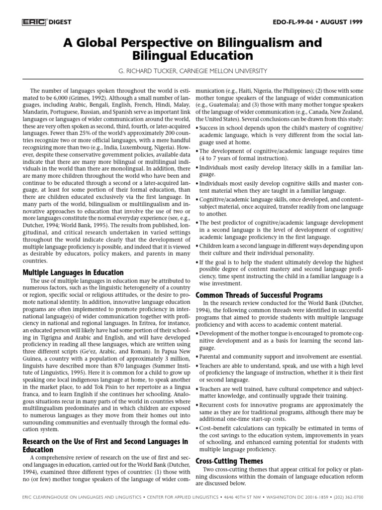 A Global Perspective On Bilingualism and Bilingual Education | PDF | Multilingualism | First ...