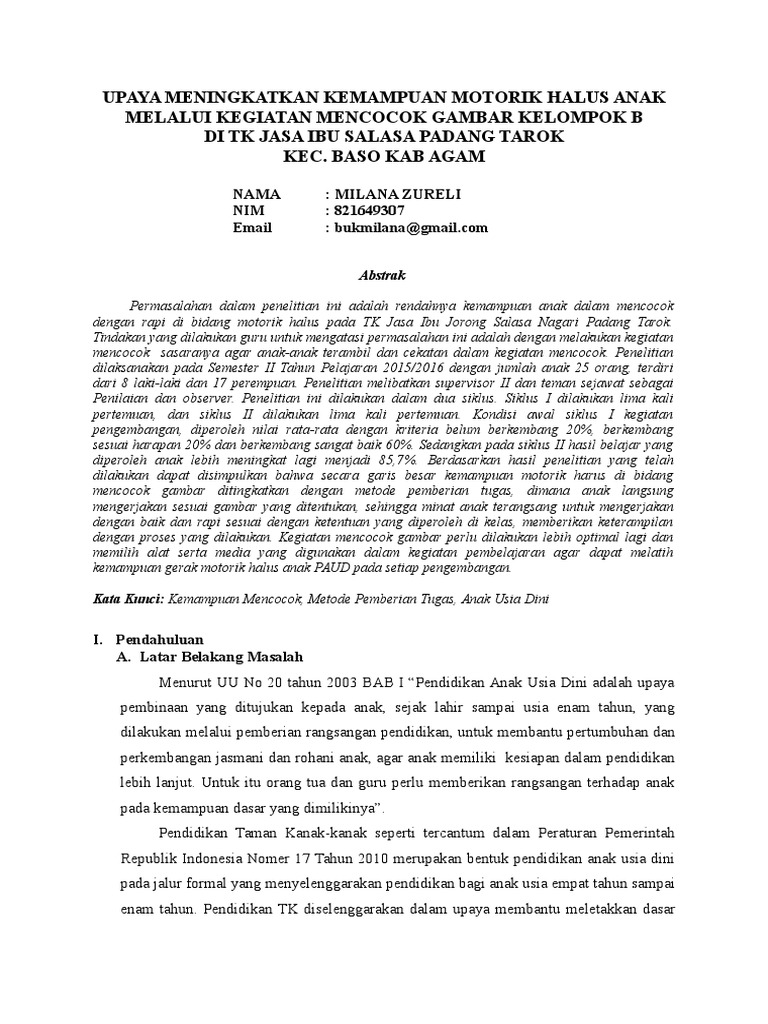 Upaya Meningkatkan Kemampuan Motorik Halus Anak Melalui Kegiatan Mencocok Gambar Kelompok B Di ...