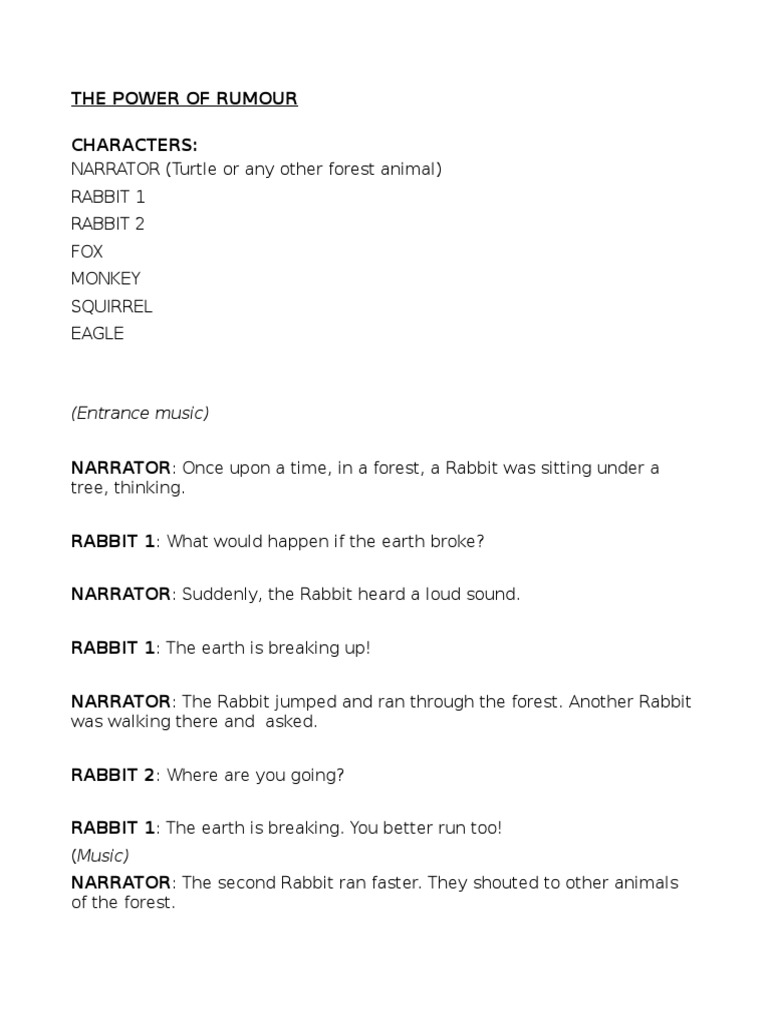 NARRATOR (Turtle or Any Other Forest Animal) Rabbit 1 Rabbit 2 FOX ...