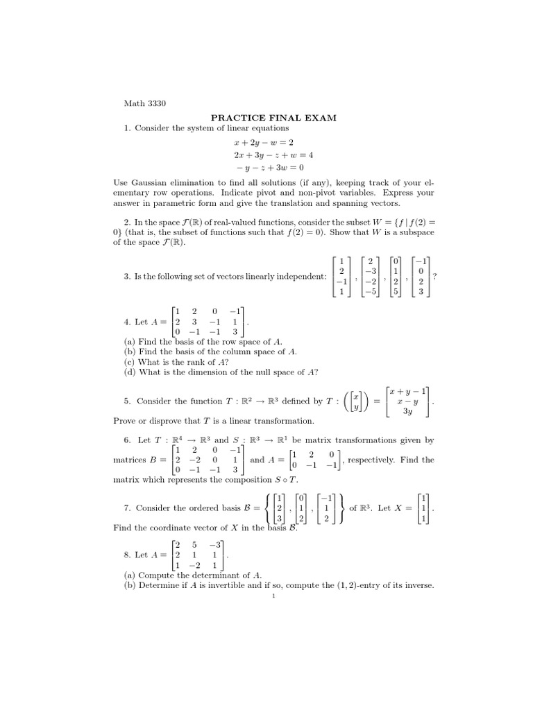 Math 3330 Linear Algebra Final Exam | PDF