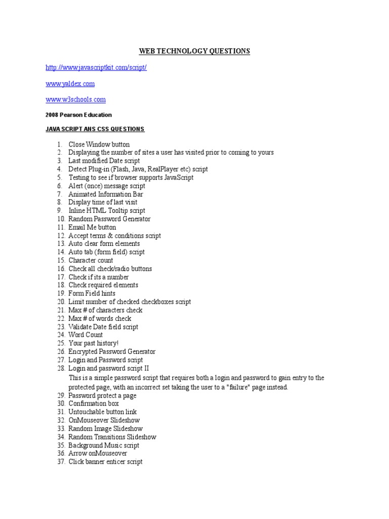 Web Technology Questions: 2008 Pearson Education Java Script Ans Css ...