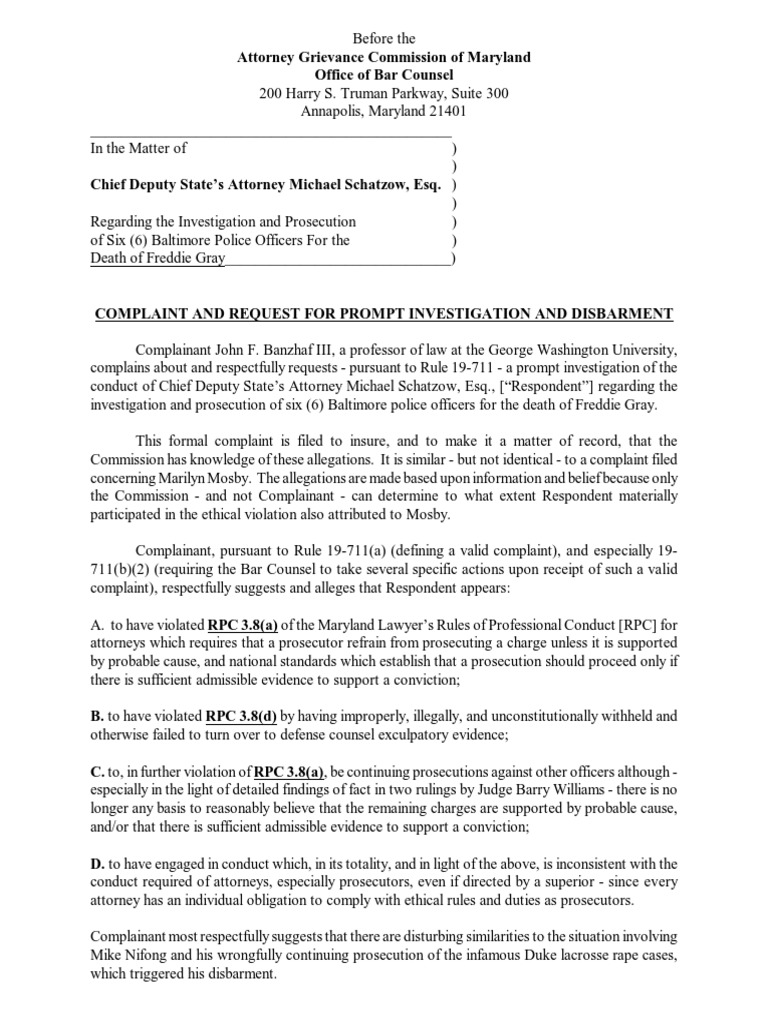 Freddie Gray Prosecutor Michael Schatzow Bar Complaint One | PDF | Prosecutor | Evidence