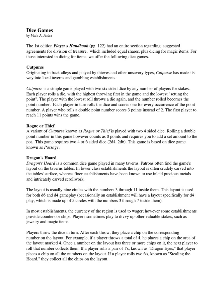 Dice Games Pdf Dice Odds
