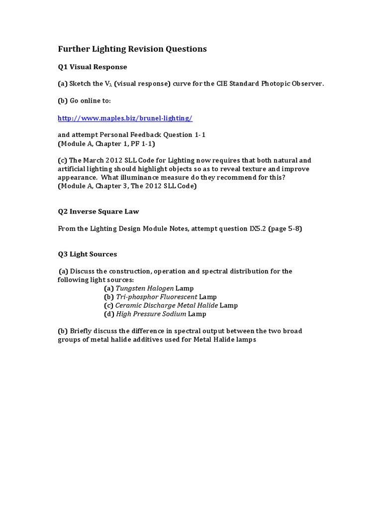 Further Lighting Revision Questions | PDF
