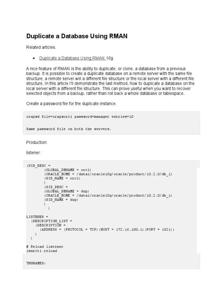 Duplicate A Database Using RMAN 10g | PDF | Oracle Database | Oracle ... Duplicate A Database Using RMAN 10g | PDF | Oracle Database | Oracle ...