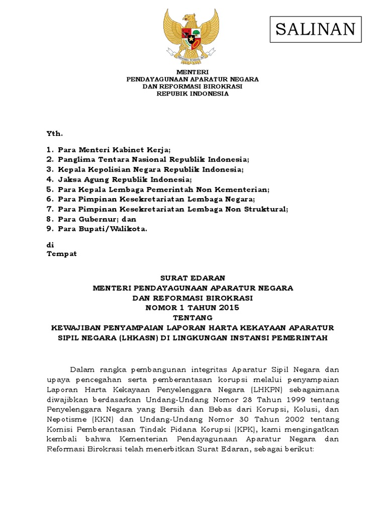 Surat Edaran Menpan No 1 Tahun 2015 Pdf Pdf