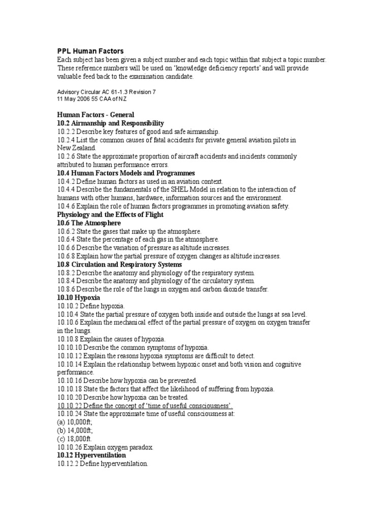 PPL Human Factors Syllabus Overview | PDF | Hypoxia (Medical ...
