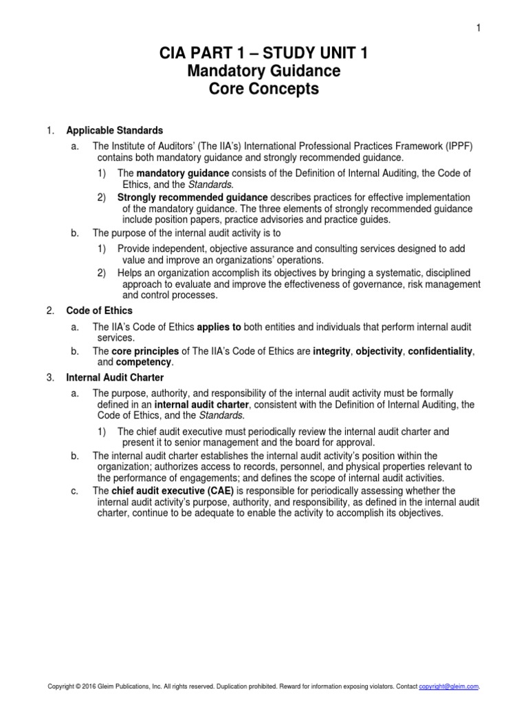 Cia Part 1 - Study Unit 1 Mandatory Guidance Core Concepts: Applicable ...
