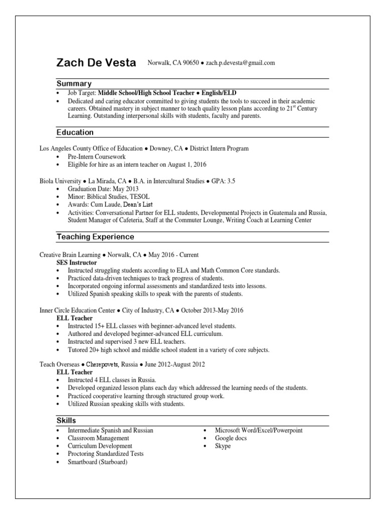 Zach de Vesta - Resume | PDF | Curriculum | Lesson Plan