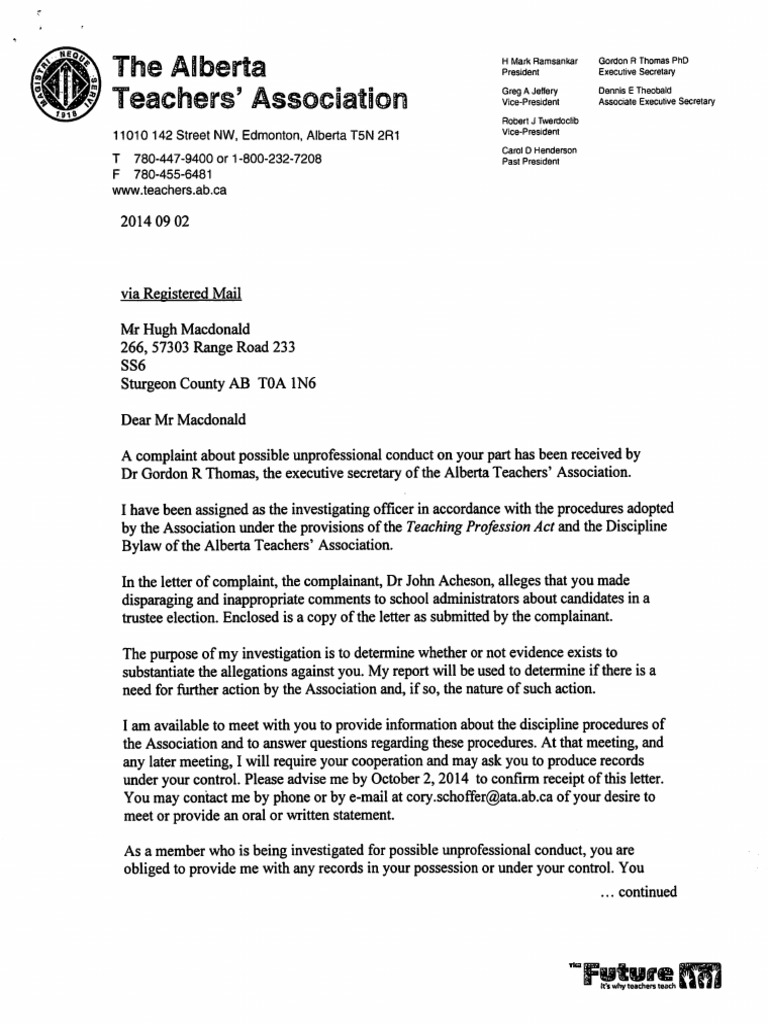 Notice of ATA Complaint Against Hugh MacDonald | PDF