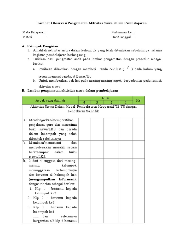 Lembar Observasi Aktivitas Siswa SD | PDF | Karier & Perkembangan | Sains & Matematika