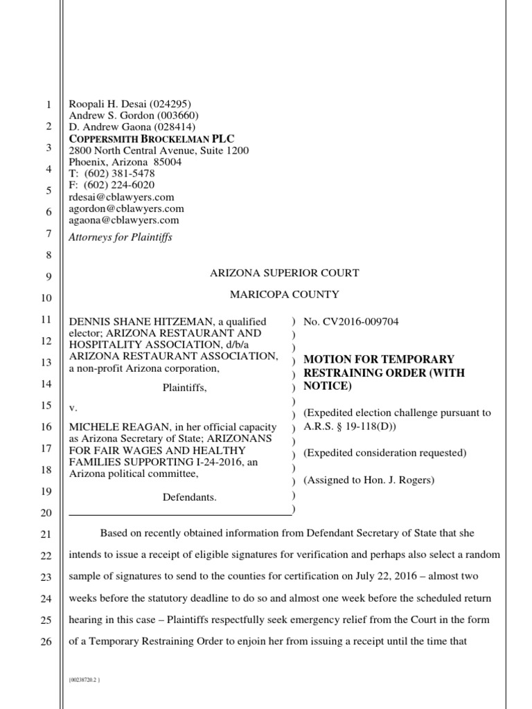 2016-07-18 Motion For Temporary Restraining Order (00238839xC217C) | PDF | Petition | Injunction