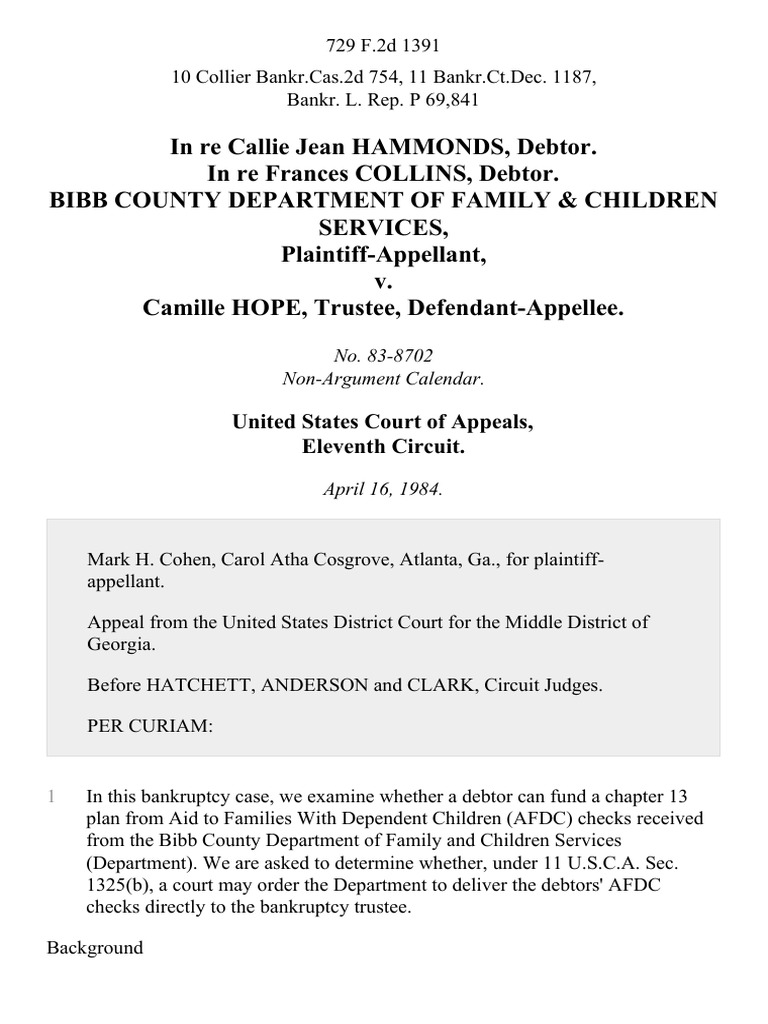 In Re Callie Jean Hammonds, Debtor. in Re Frances Collins, Debtor. Bibb County Department of ...