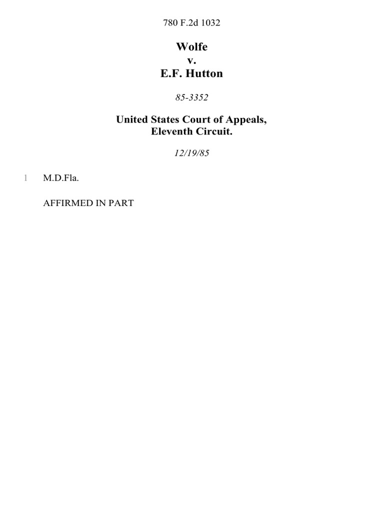 Wolfe v. E.F. Hutton, 780 F.2d 1032, 11th Cir. (1985) | PDF | Law