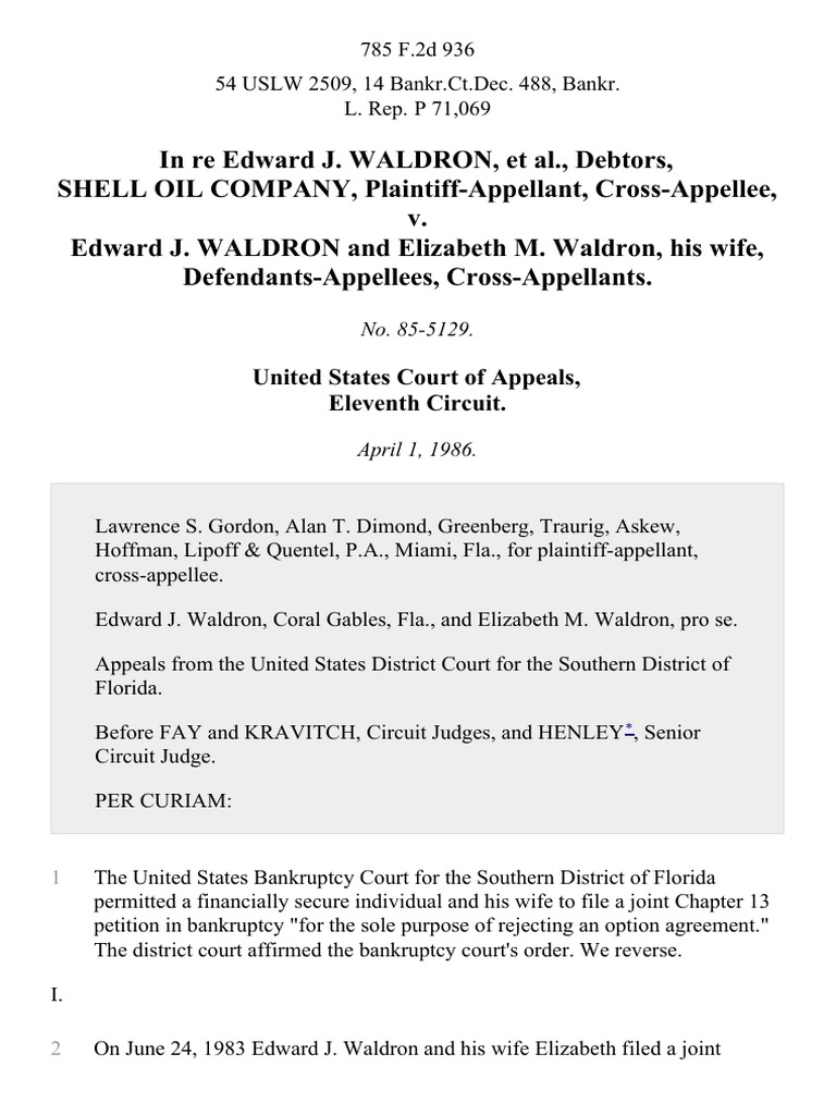 In Re Edward J. Waldron, Debtors, Shell Oil Company, Cross-Appellee v ...