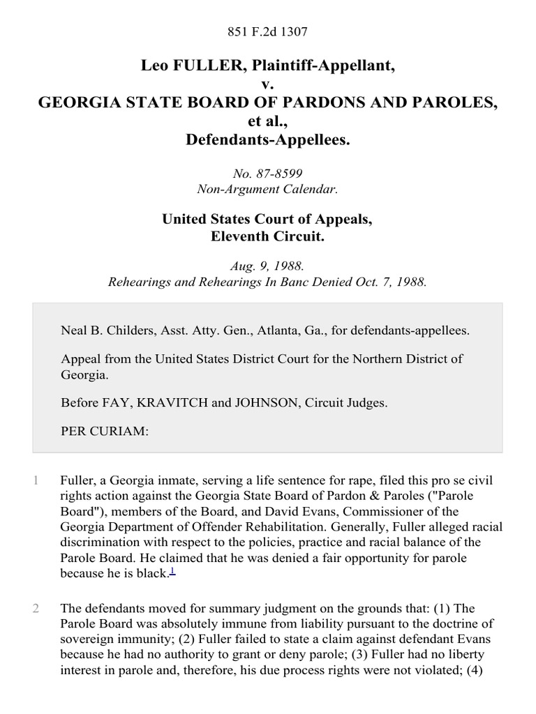 Leo Fuller v. Georgia State Board of Pardons and Paroles, 851 F.2d 1307 ...