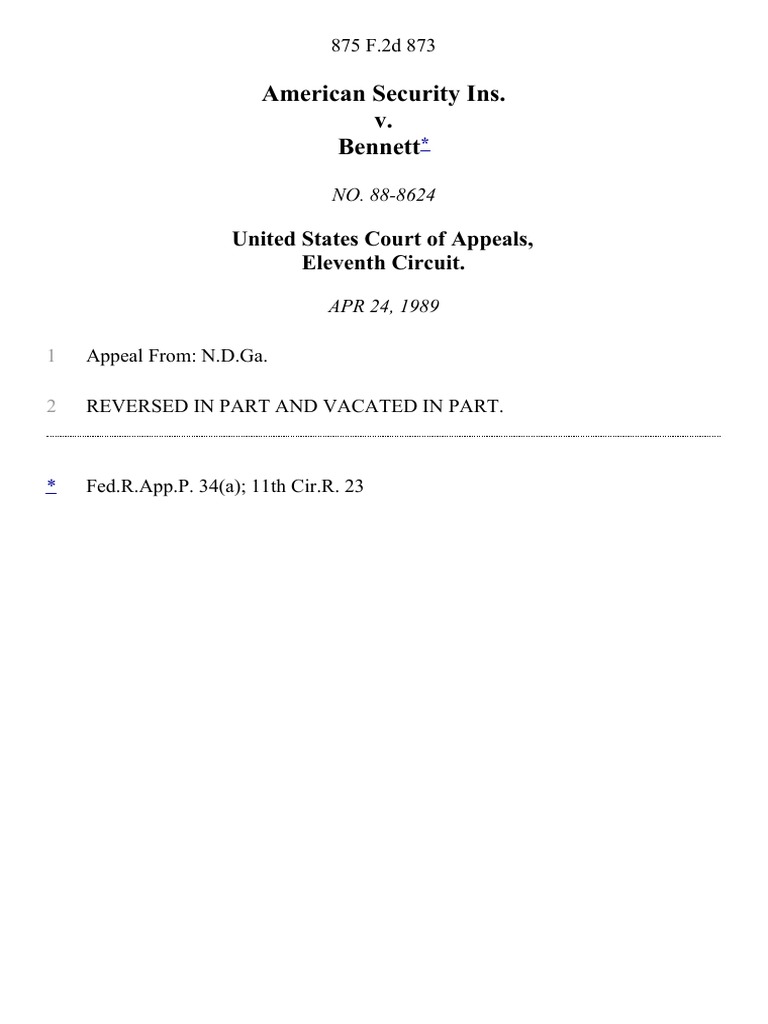 American Security Ins. v. Bennett, 875 F.2d 873, 11th Cir. (1989) | PDF ...