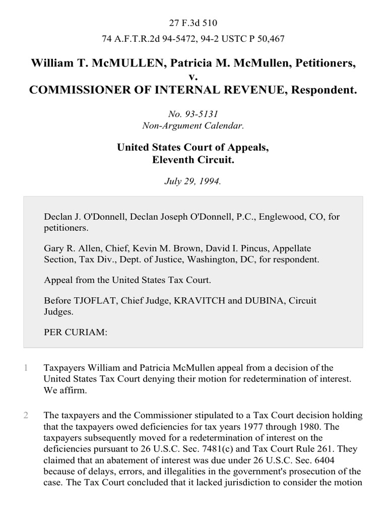 William T. McMullen Patricia M. McMullen v. Commissioner of Internal Revenue, 27 F.3d 510, 11th ...