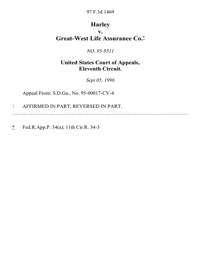 Harley v. Great-West Life Assurance Co., 97 F.3d 1469, 11th Cir. (1996 ...