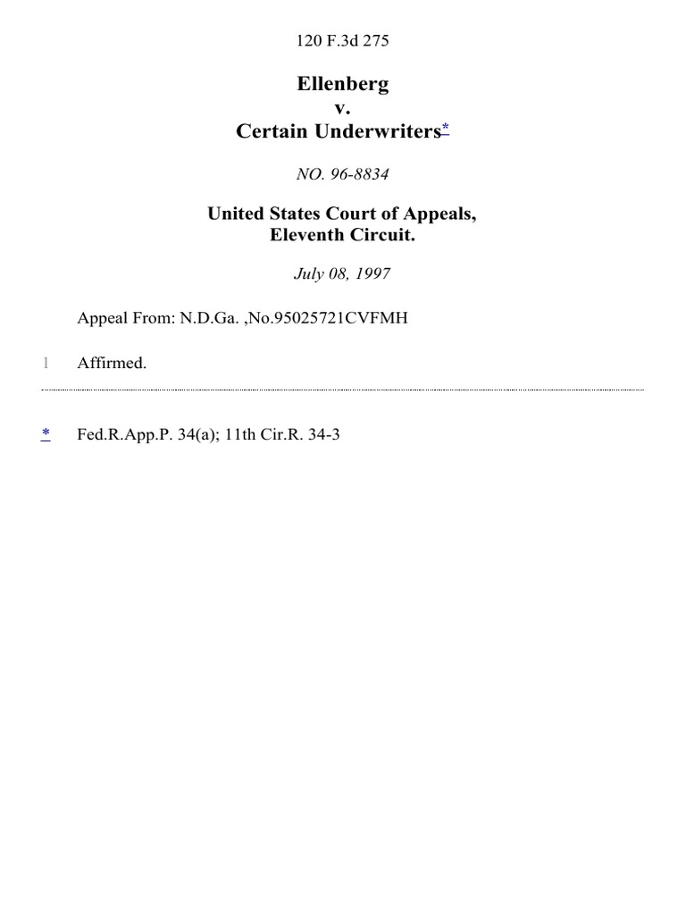 Ellenberg v. Certain Underwriters, 120 F.3d 275, 11th Cir. (1997) | PDF