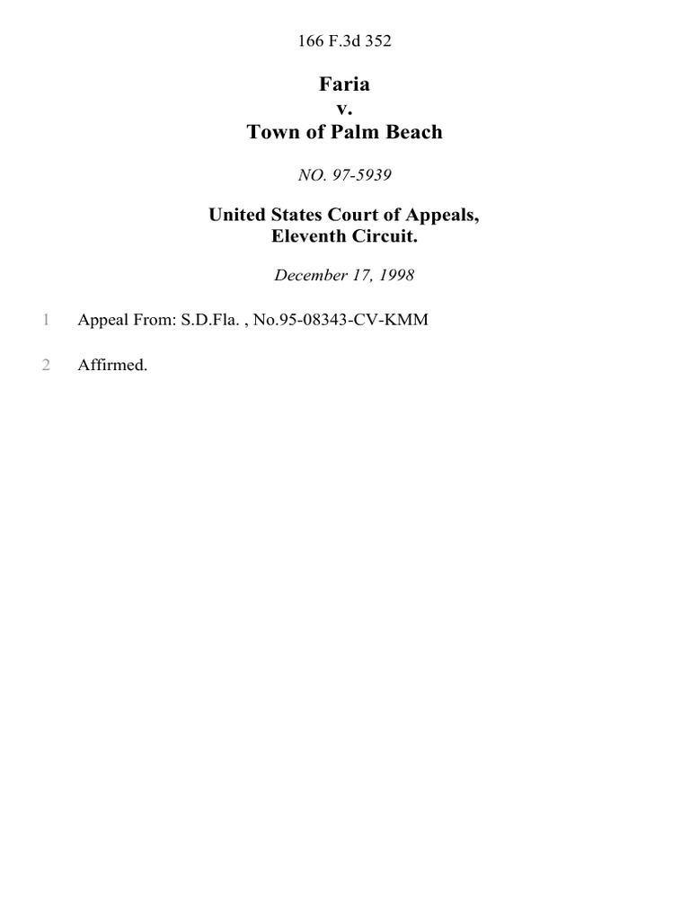 Faria v. Town of Palm Beach, 166 F.3d 352, 11th Cir. (1998) | PDF | Law | Politics