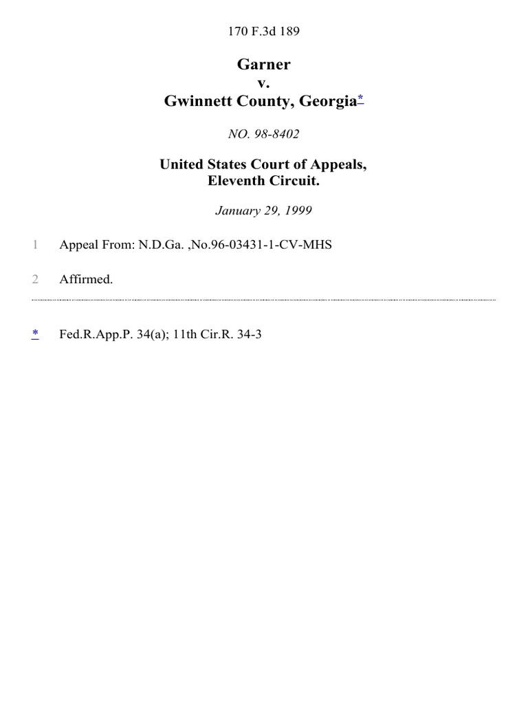 Garner v. Gwinnett County, Georgia, 170 F.3d 189, 11th Cir. (1999) | PDF