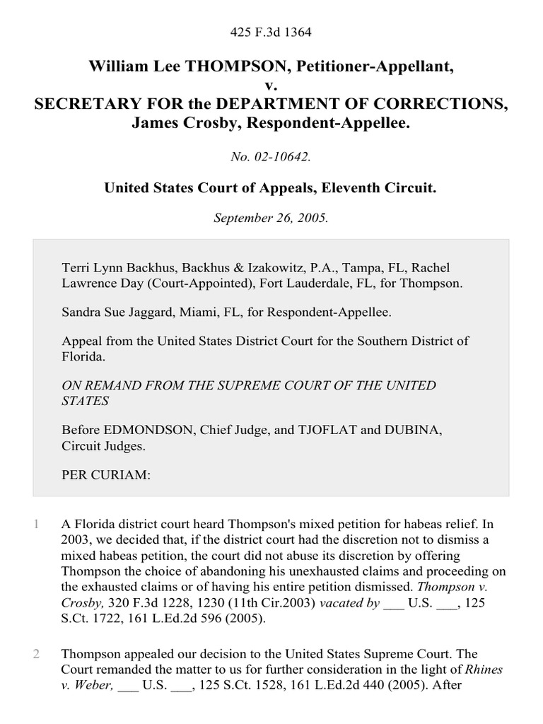 William Lee Thompson v. Sec. For The Dept. of Corr, 425 F.3d 1364, 11th ...