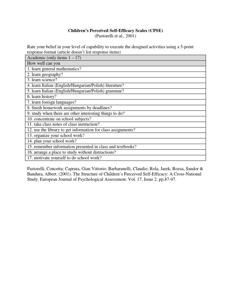 10 Childrens Perceived Self-Efficacy Scales Academic Measure | PDF