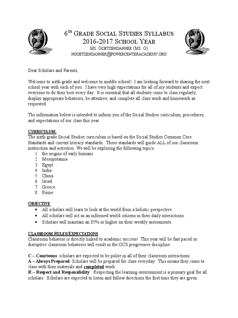 6th Grade Social Studies Syllabus | PDF | Homework | Curriculum