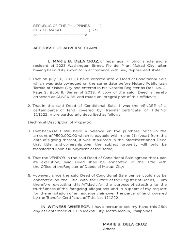 Affidavit of Adverse Claim Sample | PDF | Deed | Affidavit