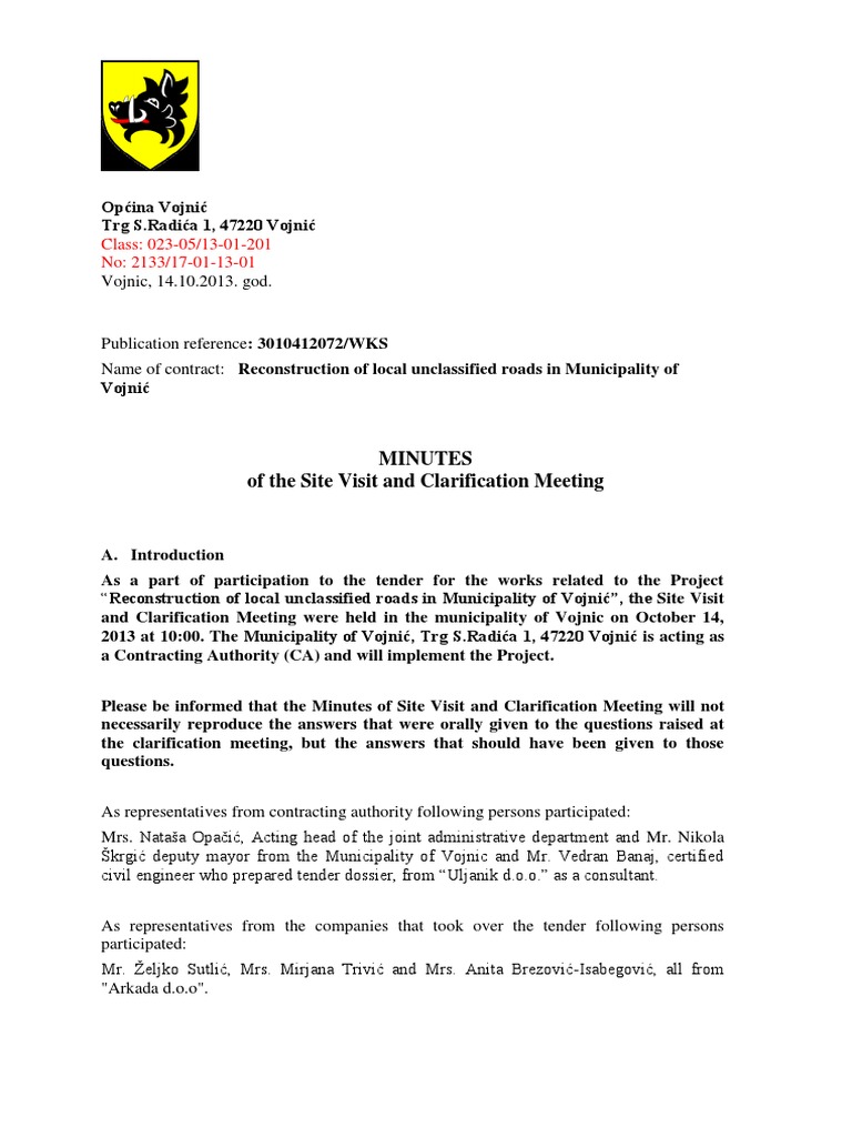Minutes From Clarification Meeting and Site Visit - Vojnić | PDF ...