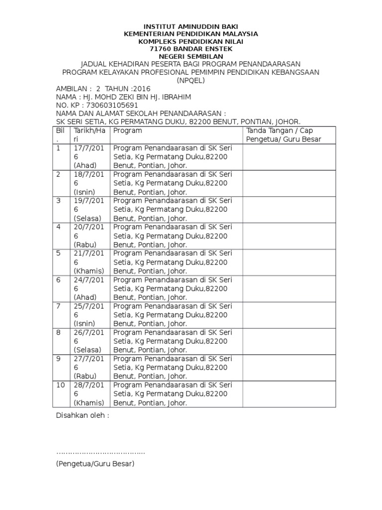 Borang Log Kehadiran | PDF
