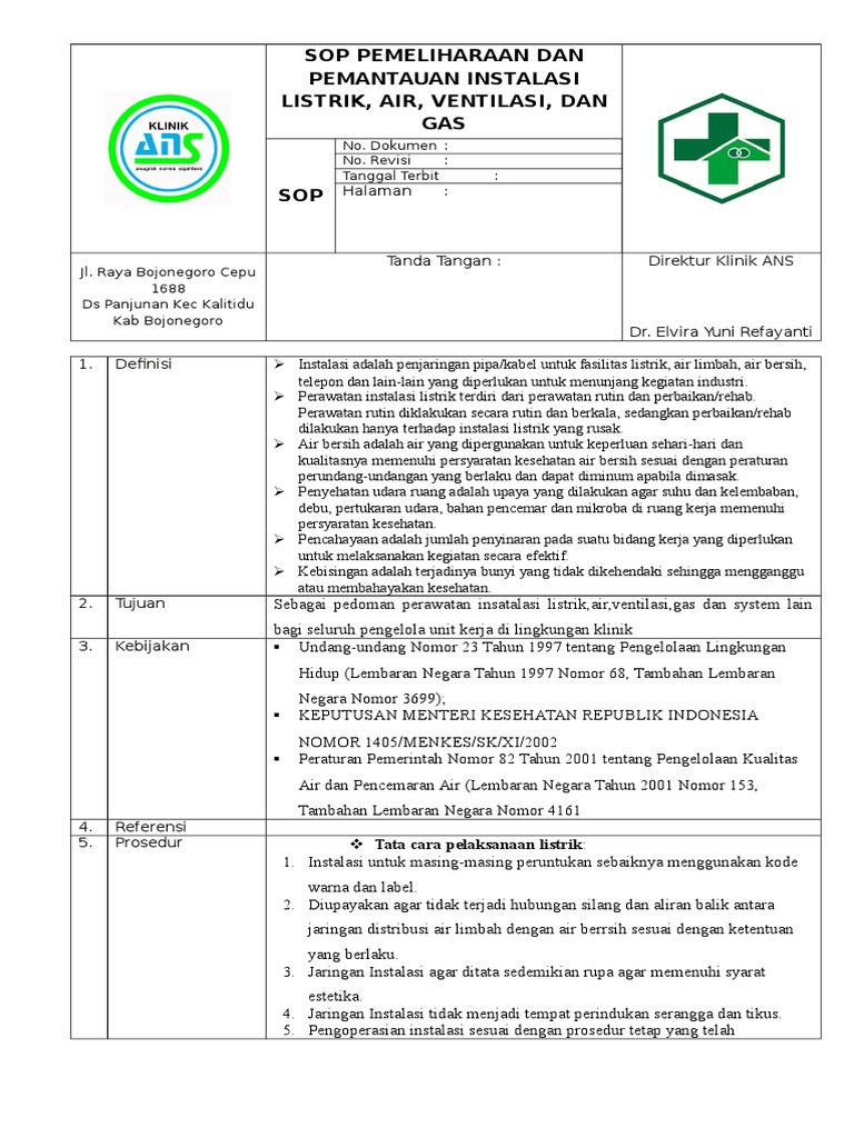 Sop Pemeliharaan Dan Pemantauan Instalasi Listrik, Air, Ventilasi, Gas | PDF