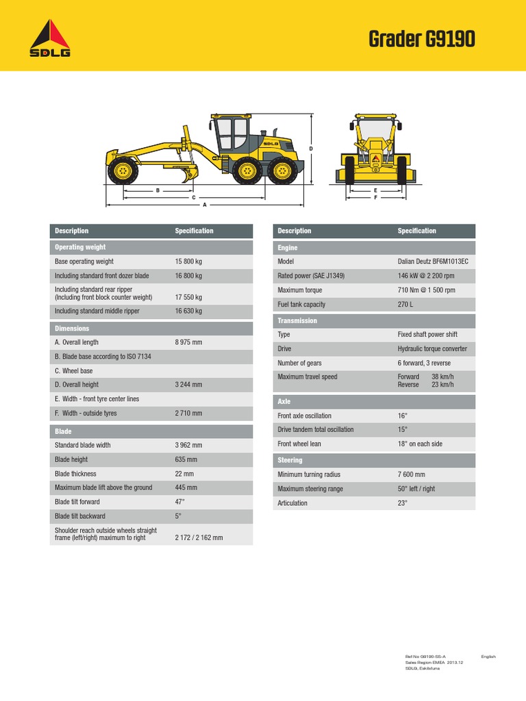 SDLG G9190 Motor Grader Specifications | PDF