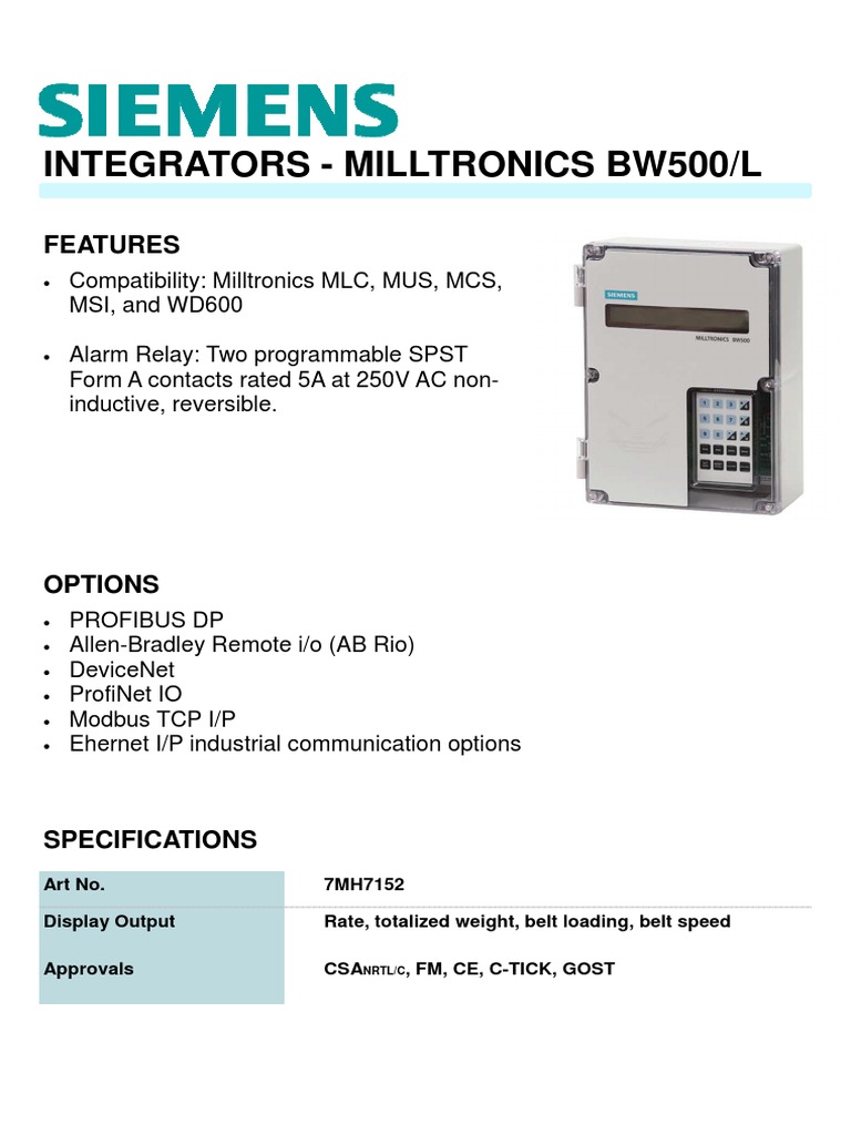 7MH7152 Siemens Milltronics BW500/L Integrators | PDF