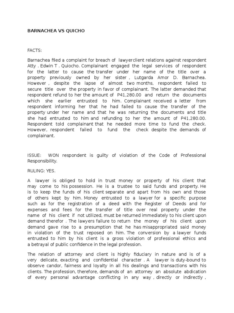Barnachea Vs Quicho | PDF | Lawyer | Trust Law