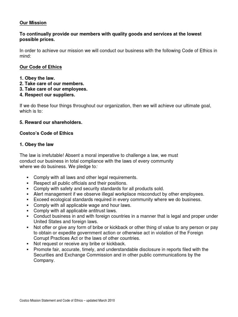 Costco Mission Statement and Code of Ethics | PDF | Bribery | Costco