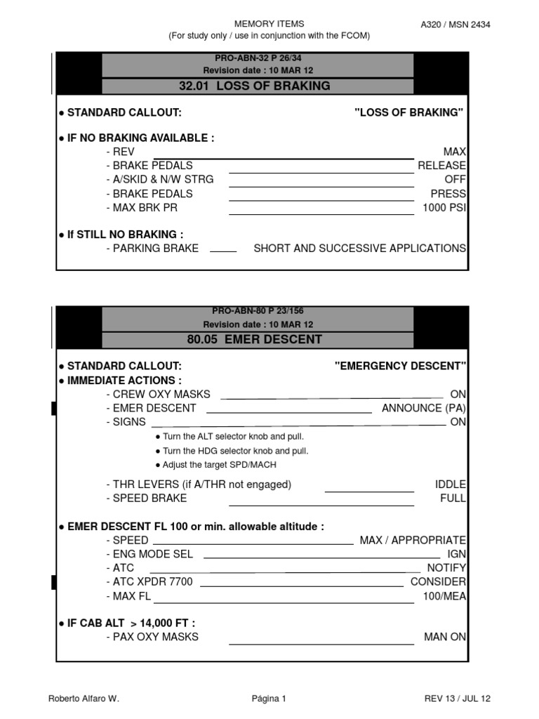 Memory Items A320 | Download Free PDF | Takeoff | Stall (Fluid Mechanics)