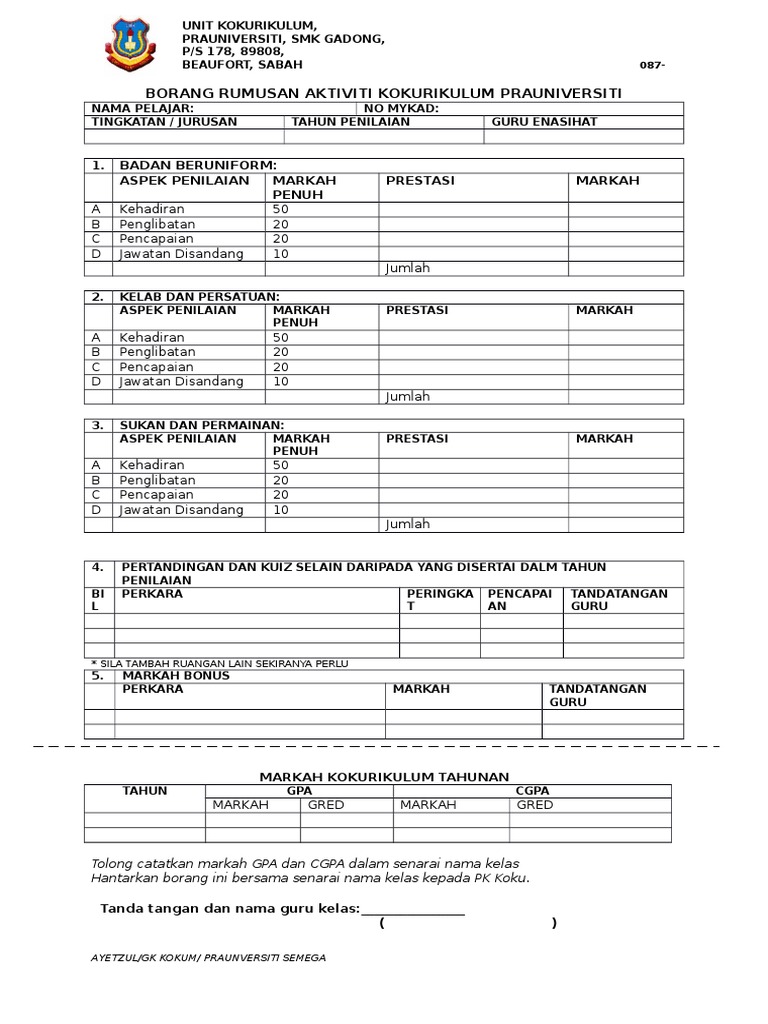 Borang Rumusan Aktiviti Kokurikulum Prauniversiti | PDF
