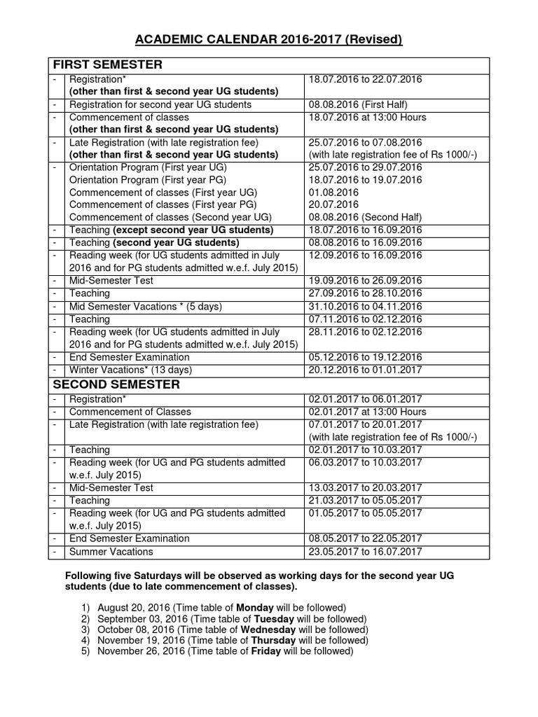 ACADEMIC CALENDAR 2016-2017 (Revised) First Semester | PDF | Academic Term