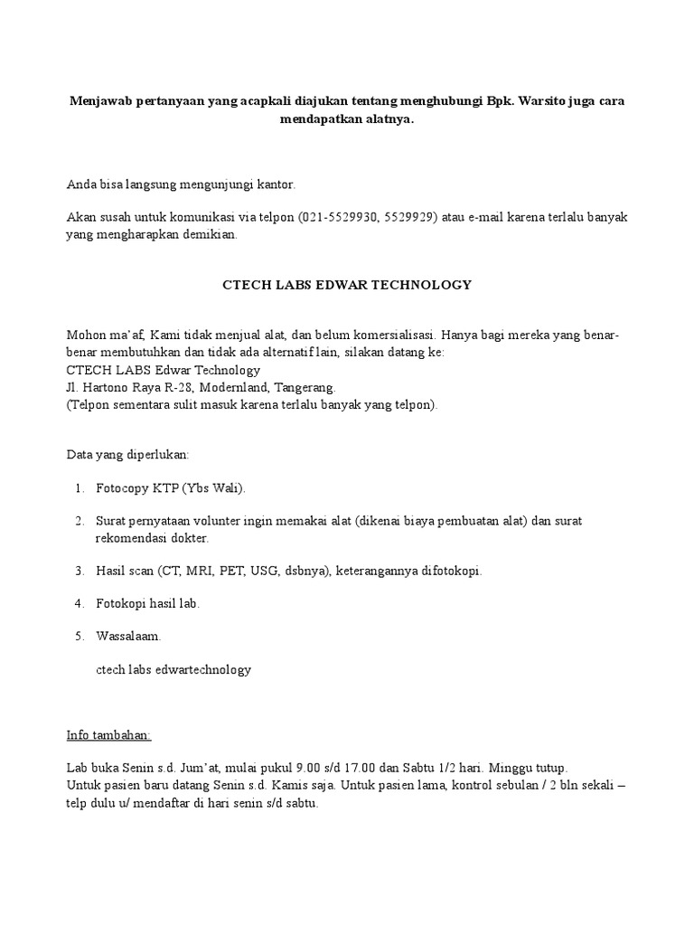 Alamat Pak Warsito - Alat Mengobati Kanker | PDF