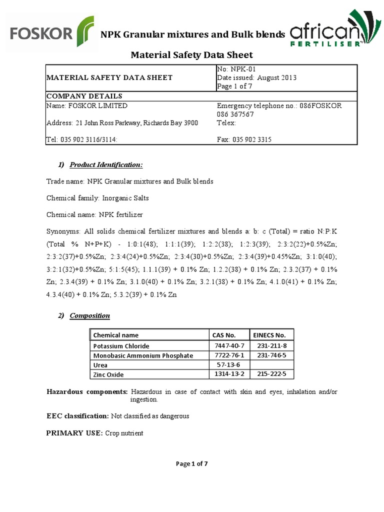 Msds Npk01 August 2013 | Download Free PDF | Dangerous Goods | Zinc