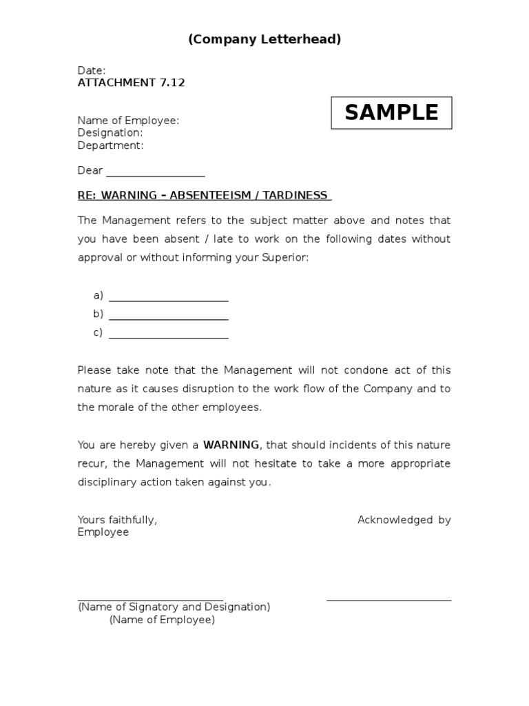 Warning Letter For Absenteeism or Tardiness | PDF
