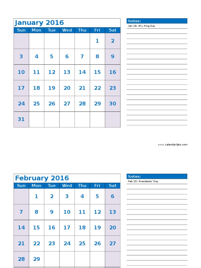 2016 Monthly Calendar with Holidays | PDF